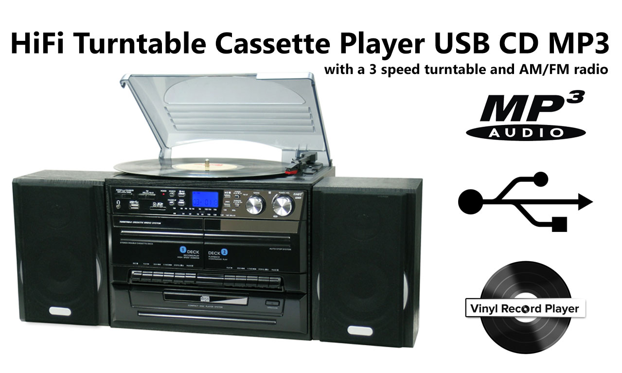 Stereo System Turntable Vinyl Record Player w/ Dual Cassette Recorder ...