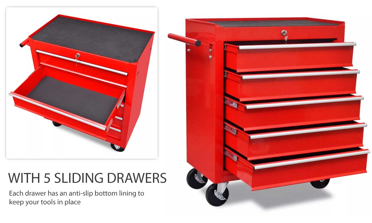 5 Drawers Tool Trolley Chest Cabinet Workshop Mechanic Rolling Toolbox ...